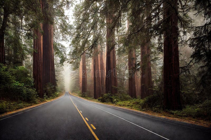 Desert Road among Huge Red Trees Sequoia Forest Stock Photo - Image of ...