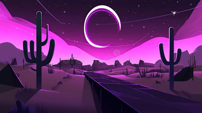 Desert Road, Neon Moon, Starry Night, Low-poly Landscape, Game Art ...