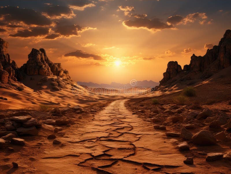 A Desert Road with Rocks and a Sunset Stock Illustration - Illustration ...