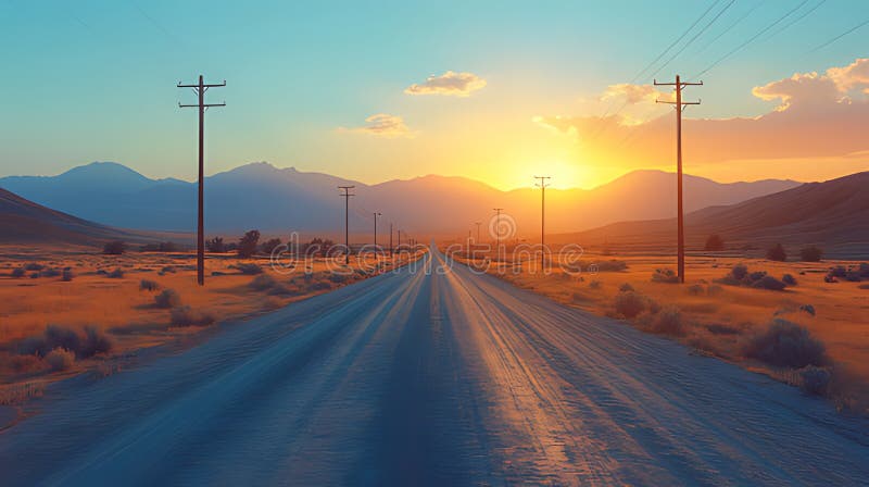 Desert Road Sunset Journey, Mountains Backdrop, Travel Stock ...