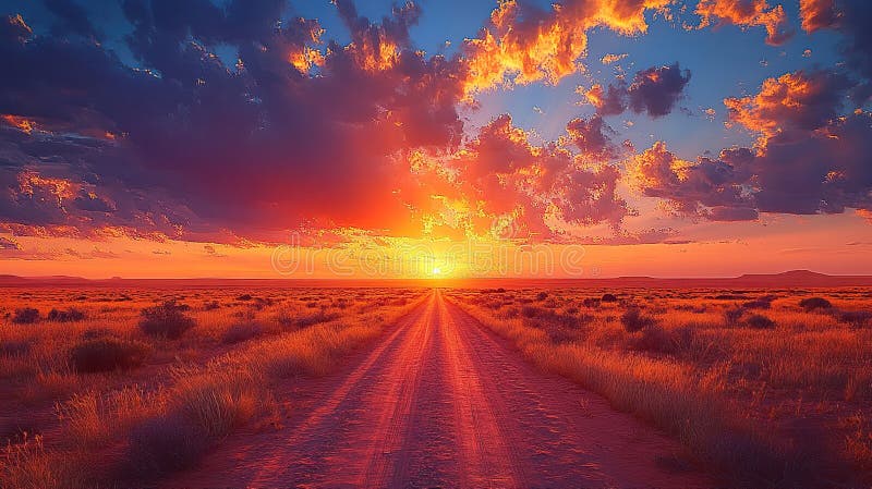 Desert Road Sunset Panorama, Dramatic Sky Stock Illustration ...