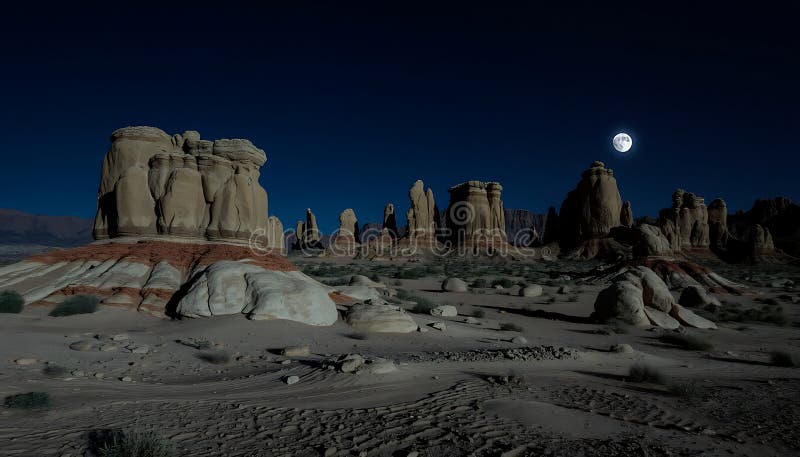 Desert Rock Formations Night, Moonlit Landscape and Arid Scenery Beauty ...