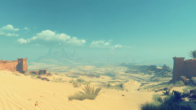 Desert Ruins Under a Clear Blue Sky Stock Illustration - Illustration ...