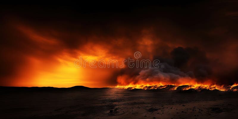 Desert Sand Dunes on Huge Fire. Dark Smoke Above. Dramatic Disaster ...