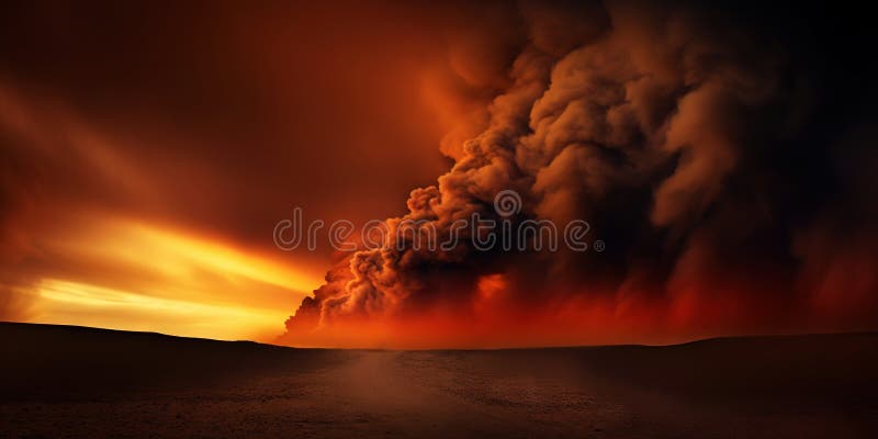 Desert Sand Dunes on Huge Fire. Dark Smoke Above. Dramatic Disaster ...
