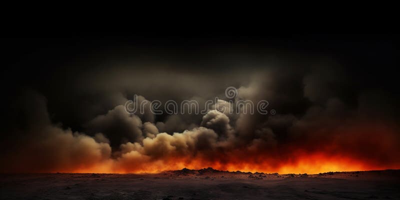 Desert Sand Dunes on Huge Fire. Dark Smoke Above. Dramatic Disaster ...