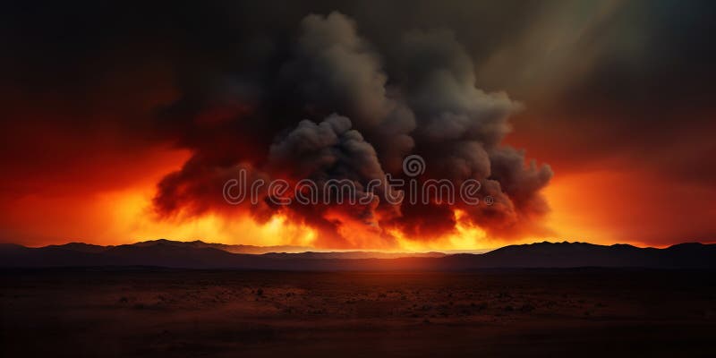 Desert Sand Dunes on Huge Fire. Dark Smoke Above. Dramatic Disaster ...