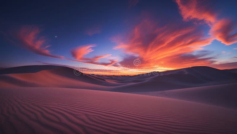 Fiery Sunset Over Rolling Sand Dunes in the Desert Stock Illustration ...