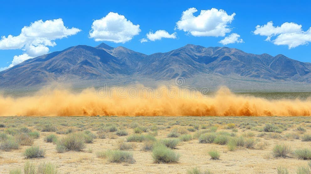 Desert Sandstorm Under Blue Sky with Mountain Range in Background Stock ...