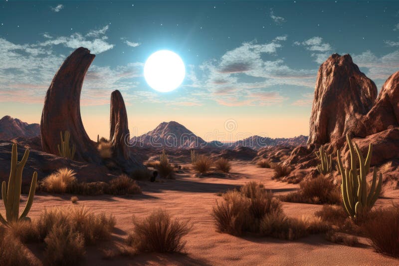 Desert Scene with Cactus and Moon Halo Stock Illustration ...