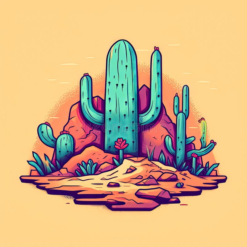 A Desert Scene with a Cactus and Mountains in the Background. Stock ...