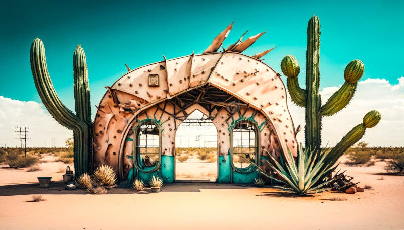Desert Scene with Cactus Trees and Building Generative AI Stock Photo ...
