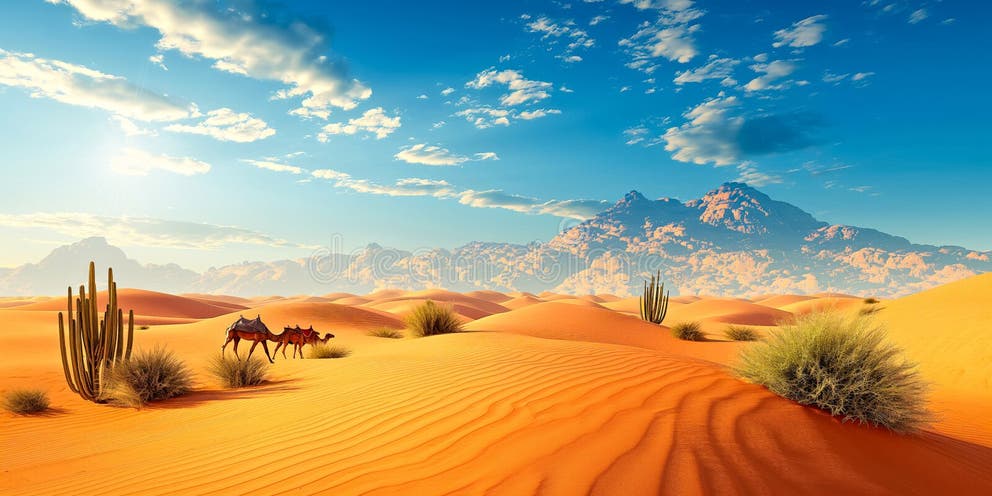 A Desert Scene with a Camel and a Cactus Stock Illustration ...