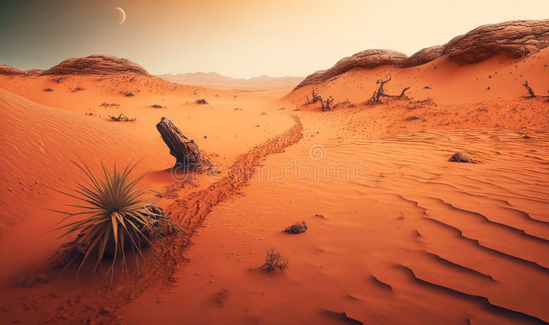 A Desert Scene with a Lone Plant in the Middle of the Desert Stock ...