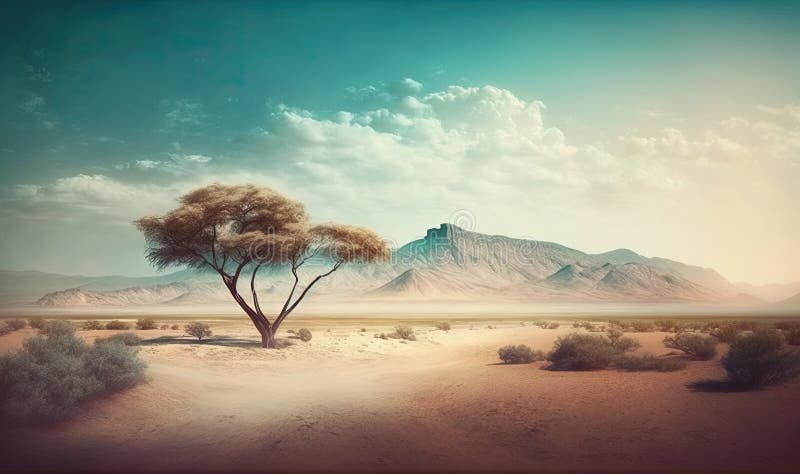 A Desert Scene with a Lone Tree in the Foreground Stock Image - Image ...