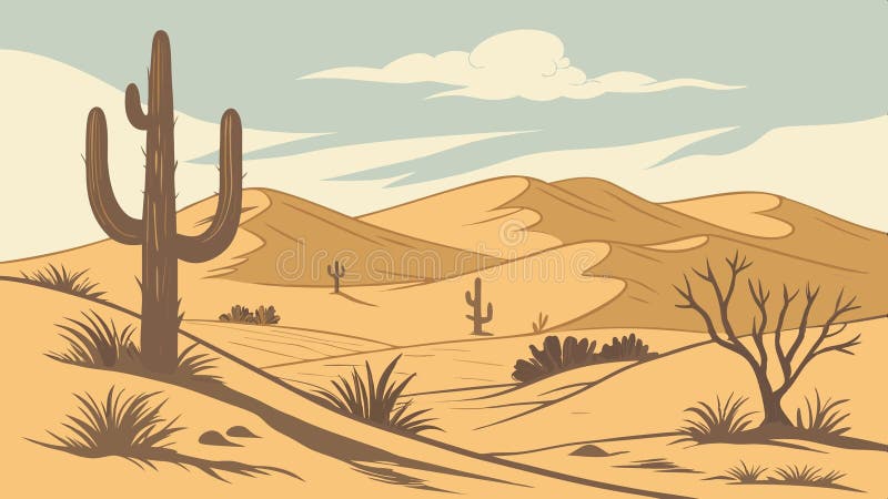Desert Scene with Mountains, Dry Landscape Illustration Vector Design ...