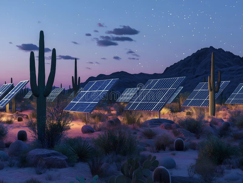 Desert Scene at Night with Solar Panels and Cacti, Warm Lighting Stock ...
