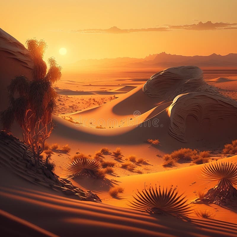 A Desert Scene with a Hot Air Balloon and Cacti. Stock Illustration ...