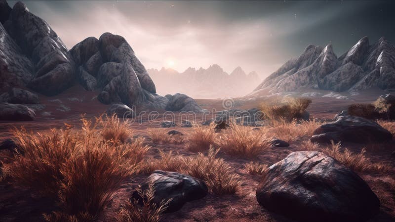 A Desert Scene with Rocks, Grass, and Mountains in the Background Stock ...