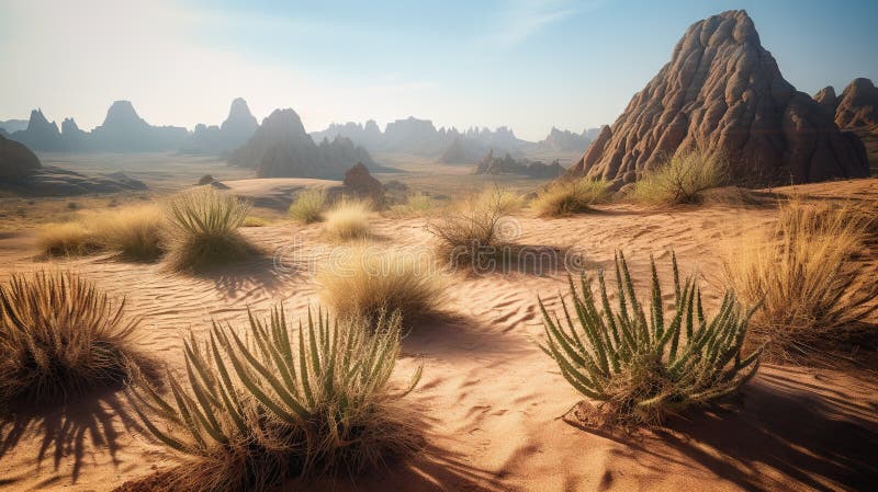 A Desert Scene with Rocks and Plants in the Foreground Stock ...