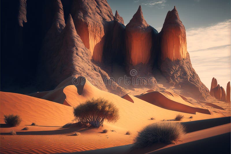 A Desert Scene with a Tree and Mountains in the Background Stock ...