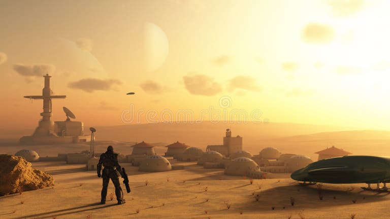 Desert Science Fiction Village Stock Illustration - Illustration of ...