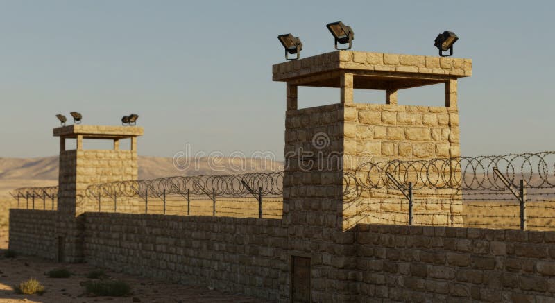 Desert Security Wall with Stone Watchtowers Stock Illustration ...