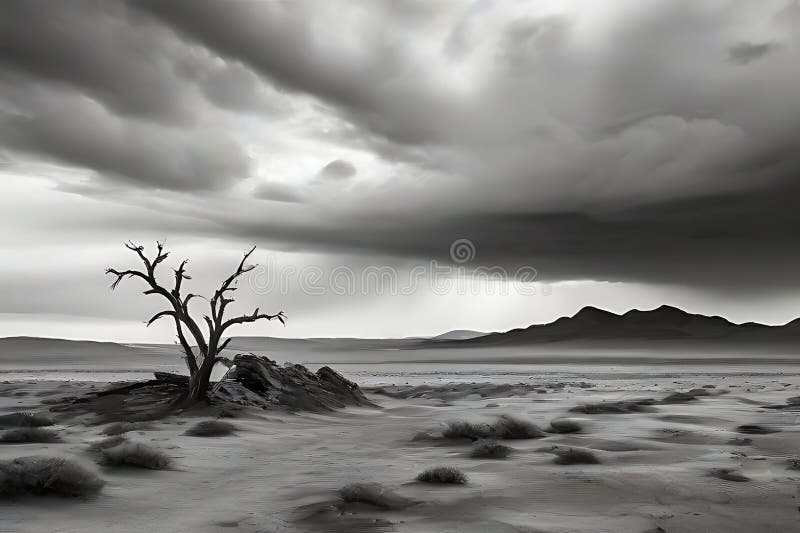 Desert Shadows: Spooky Black and White Landscape Stock Illustration ...