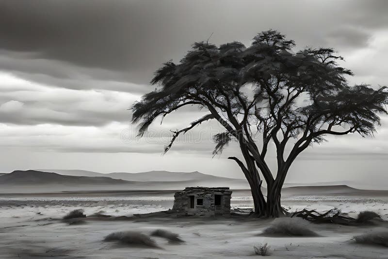 Desert Shadows: Spooky Black and White Landscape Stock Illustration ...