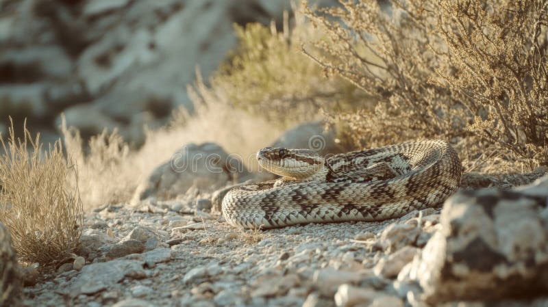 Desert Snake Coiled among Rocks and Bushes Stock Illustration ...