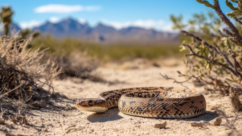 Desert Snake Coiled in Sand with Mountain Background Stock Illustration ...