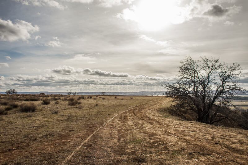Desert Soil Path Landscape and Cloudy Sky Stock Image - Image of earth ...