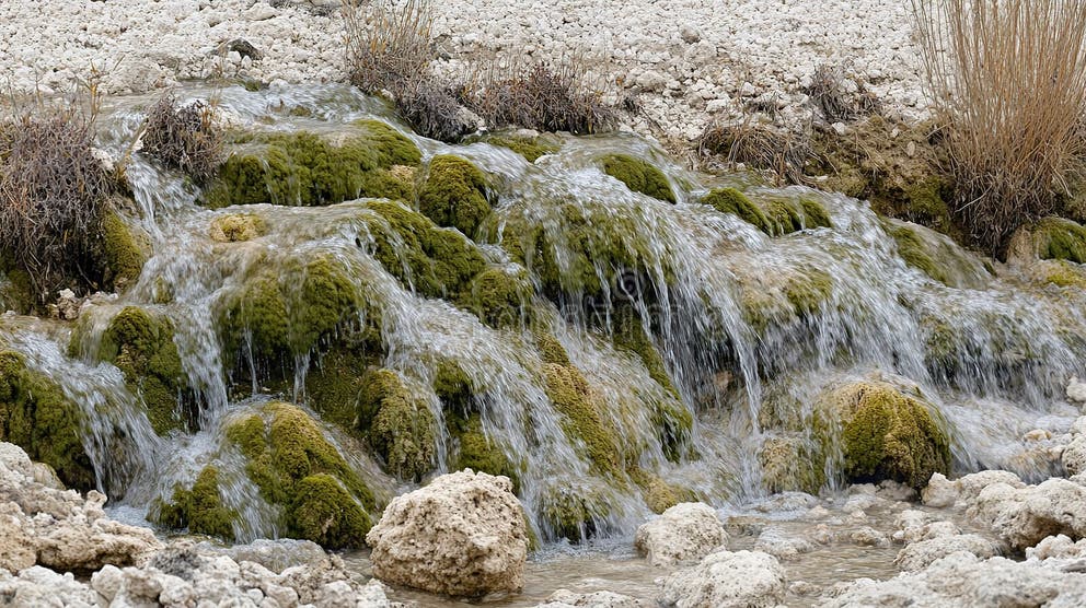 Desert Spring Water Cascading Mossy Rocks Stock Image - Image of stone ...