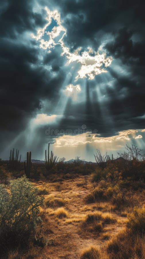 A Desert Storm Approaches with Dramatic Clouds and Rays of Sunlight ...