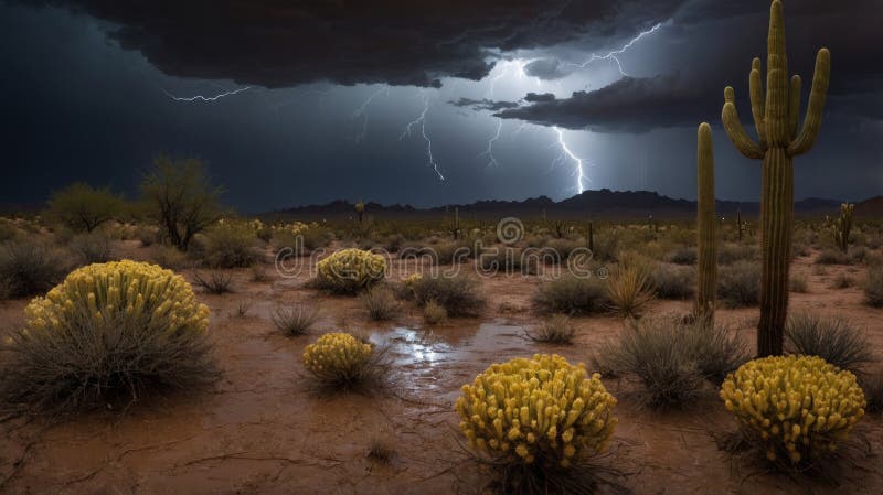 Desert Storm with Cacti and Lightning Stock Photo - Image of monsoon ...