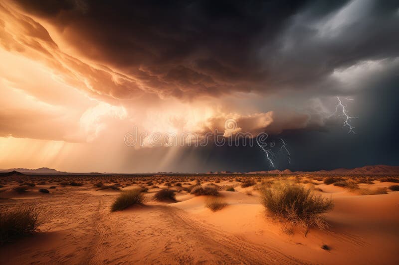Desert Storm, with Dramatic Clouds and Lightning in the Background ...