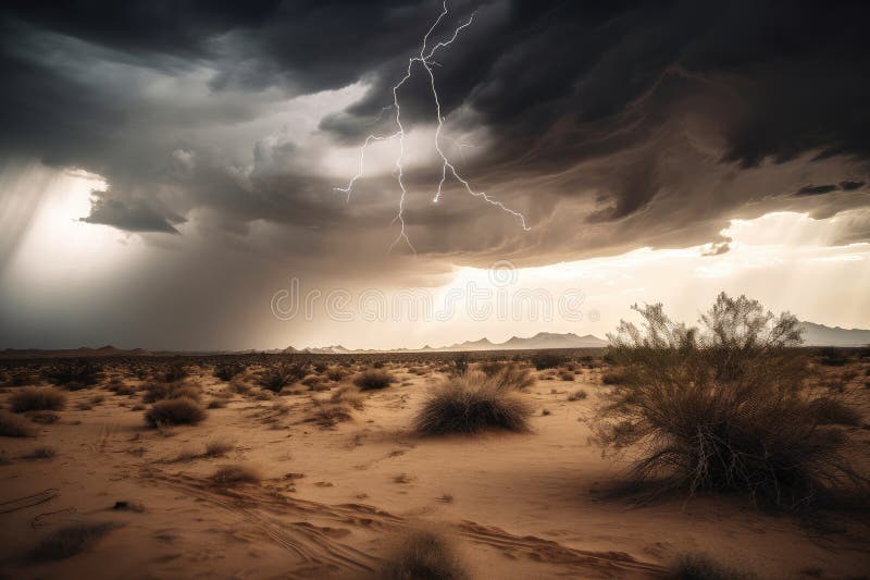 Desert Storm, with Dramatic Lightning and Rain, Illuminating the Sky ...