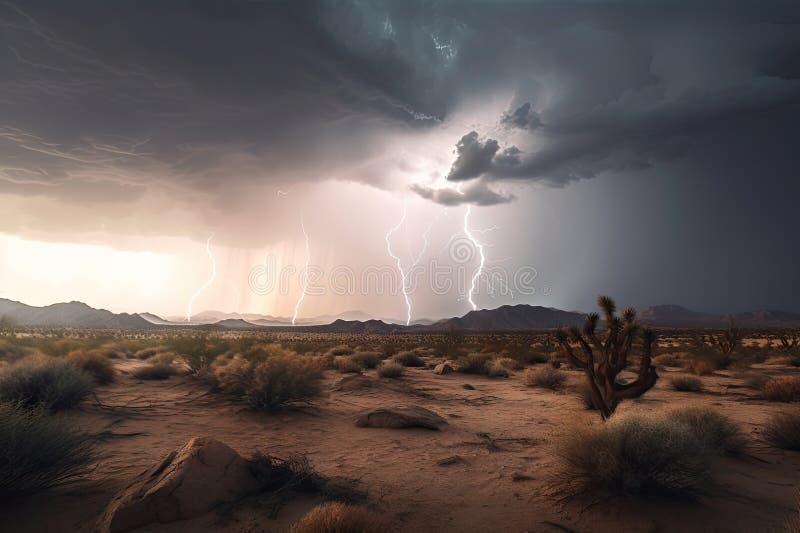 Desert Storm with Lightning Bolts and Rain Visible in the Distance ...