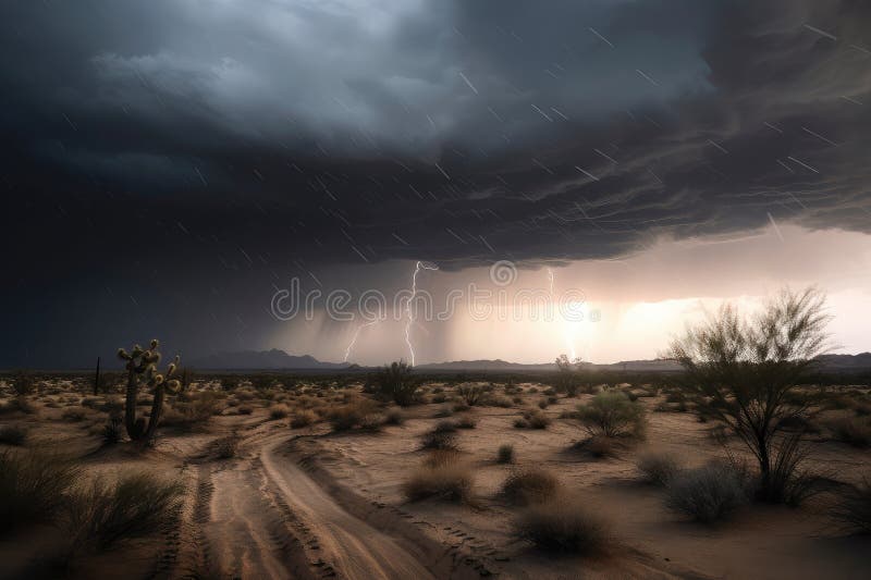 Desert Storm with Lightning Strikes and Rain Clouds in the Distance ...