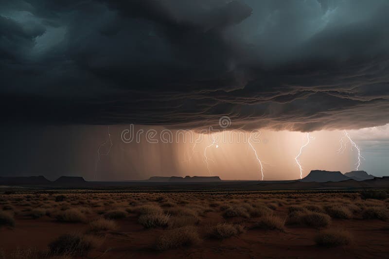 Desert Storm with Lightning Strikes and Rain Clouds in the Distance ...