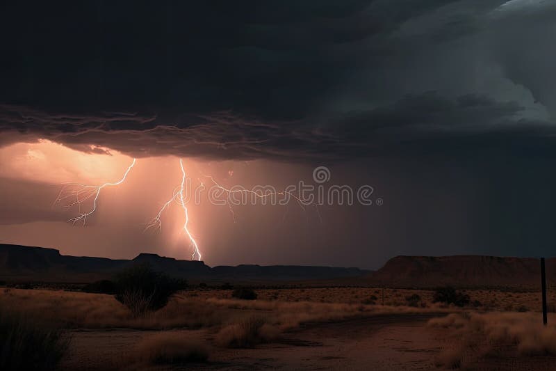 Desert Storm with Lightning and Thunder, Illuminating the Distant Storm ...