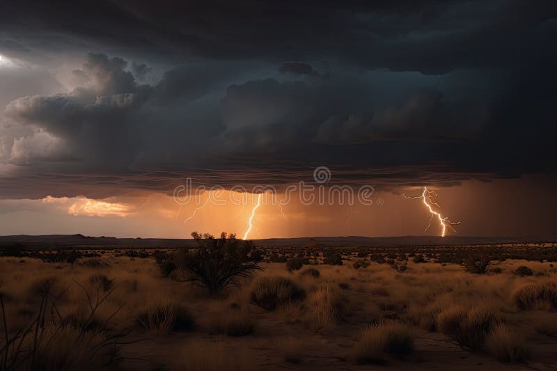 Desert Storm with Lightning and Thunder, Illuminating the Distant Storm ...