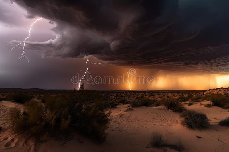 Desert Storm with Lightning and Thunder, Illuminating the Distant Storm ...