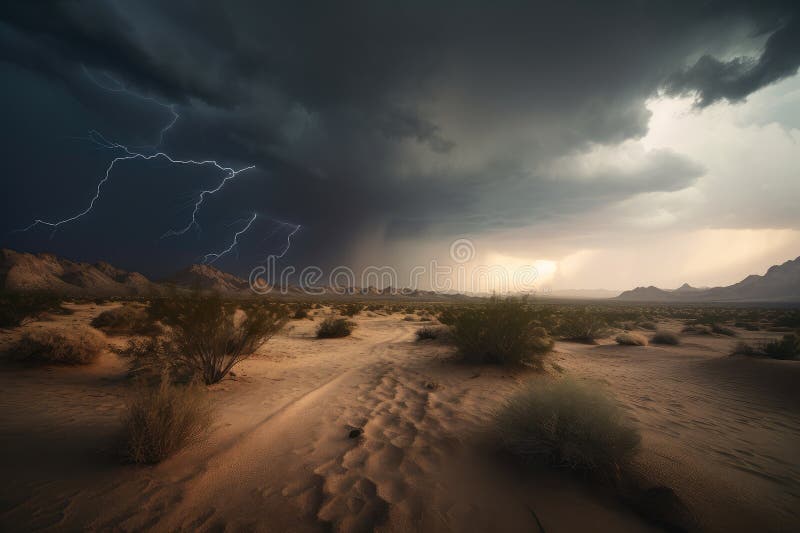Desert Storm with Rolling Clouds and Lightning Flashes Stock ...