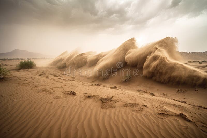 Desert Storm with Sand and Dust Whipping Across Desolate Landscape ...