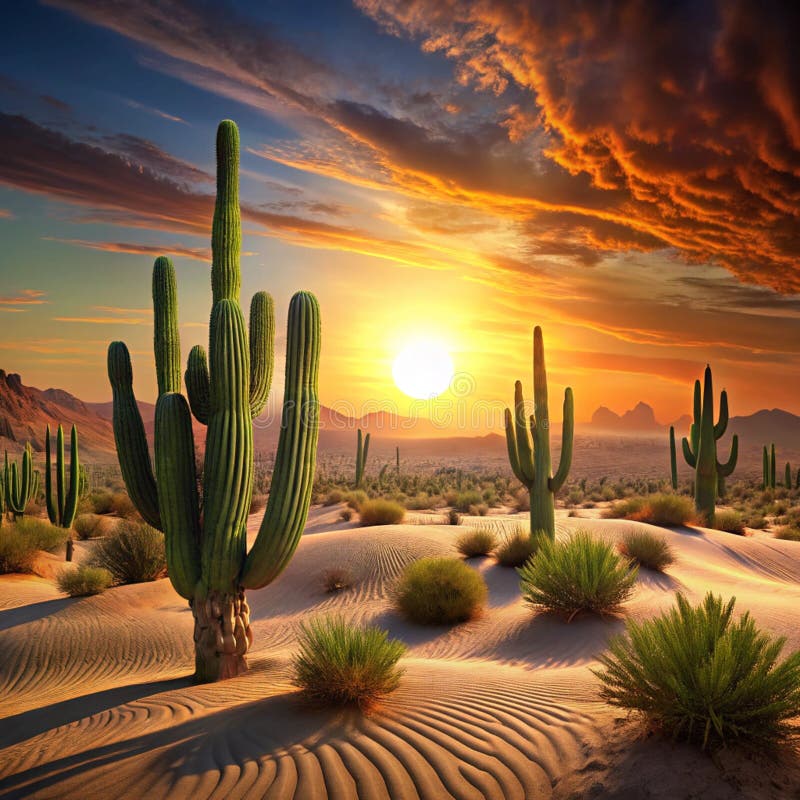 Desert Sunrise with Cacti stock photo. Image of hour - 377050264