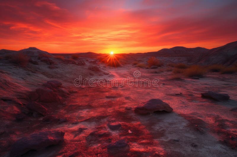 Desert, with Sunrise, and Cherry-red Sky Stock Illustration ...