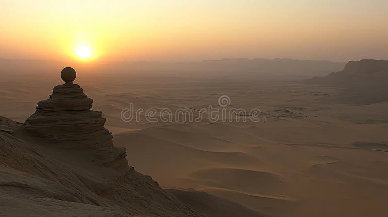 Desert Sunrise Over Dunes, Stone Sphere Atop Monument Stock Image ...