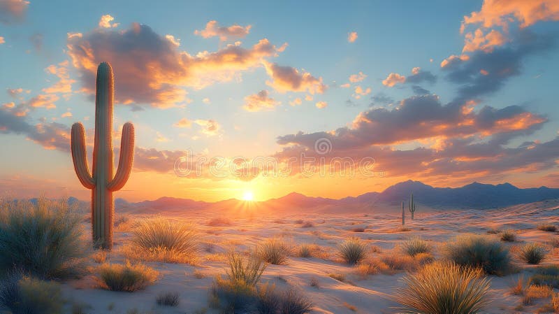 Desert Sunset with Cactus and Mountains Stock Illustration ...