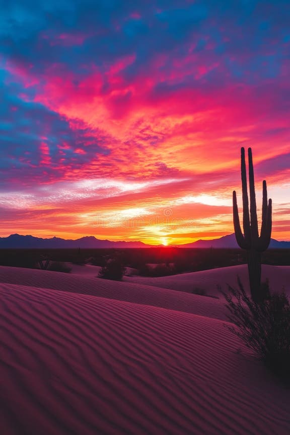 Desert Sunset with Cactus and Sand Dunes Stock Illustration ...